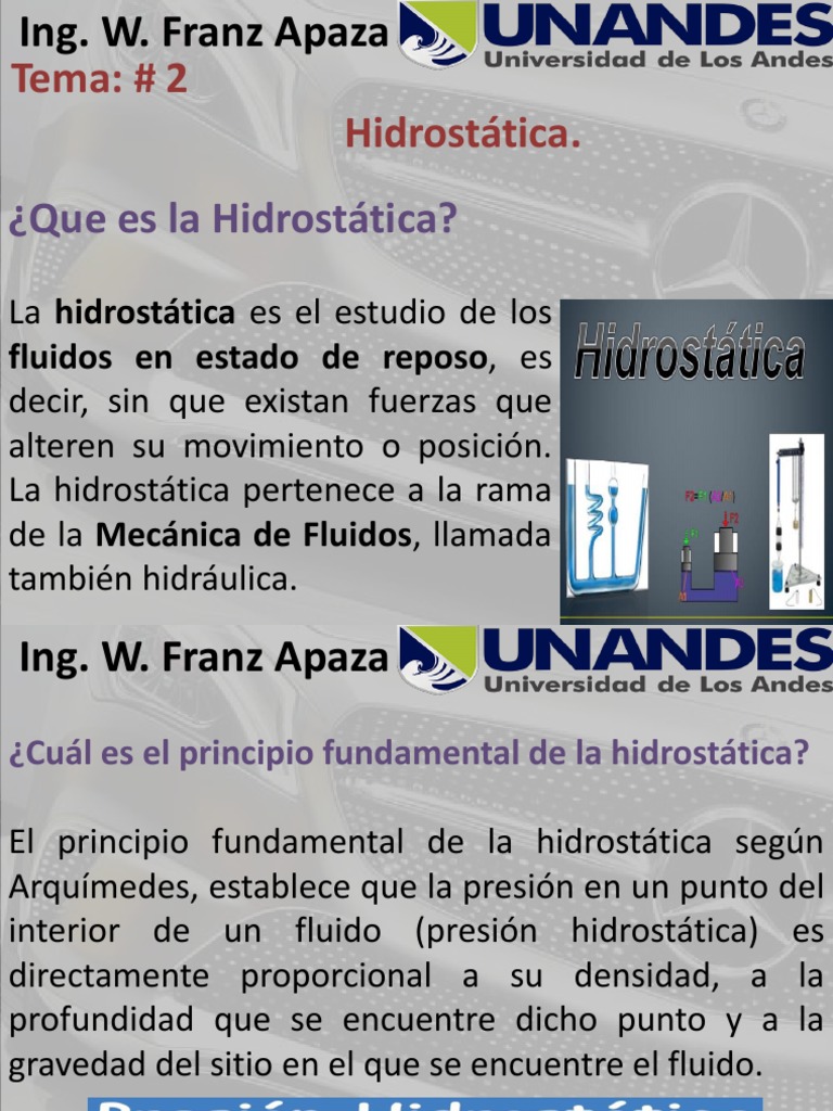 Tema #2 Hidrostatica. | PDF | Fuerza | Densidad
