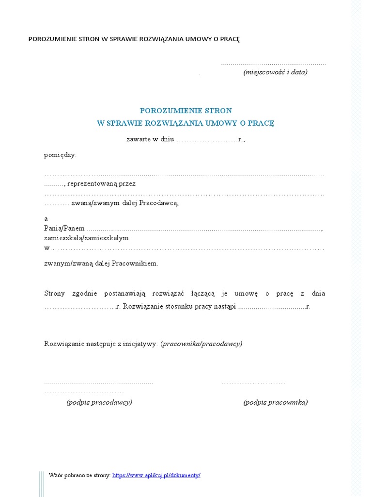 Rozwiazanie Umowy o Prace Za Porozumieniem Stron | PDF