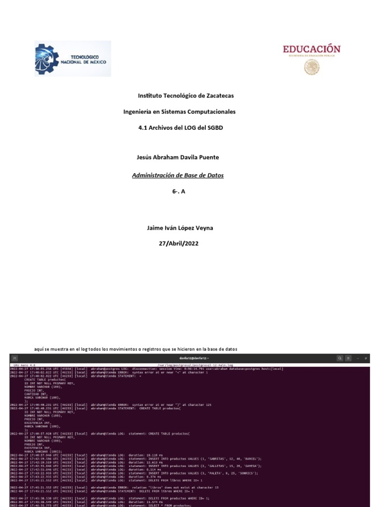 Archivos LOG del SGBD: Práctica y Conclusiones | PDF