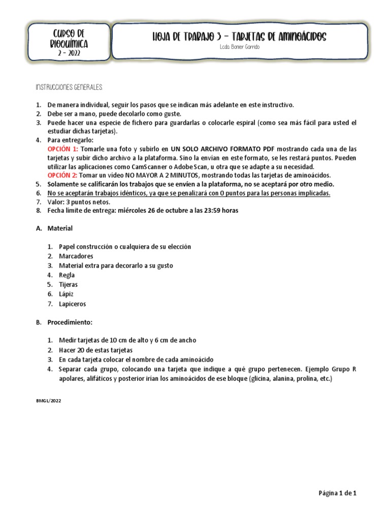 Hoja de Trabajo 3 - Tarjetas de Aminoácidos | PDF