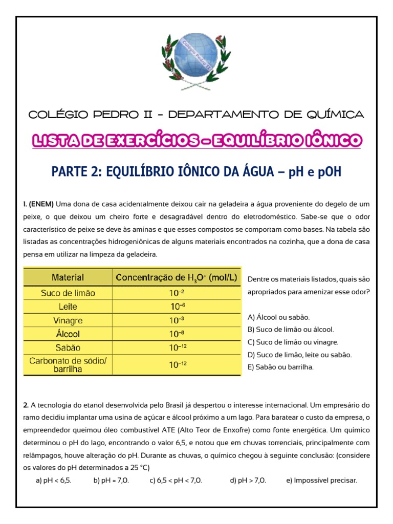 Lista Exercicios - Equilibrio Ionico - Parte 2 | PDF | Ph | Ácido