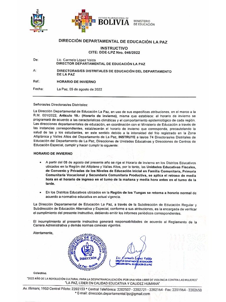 Instructivo 046-2022, Horario de Invierno | PDF