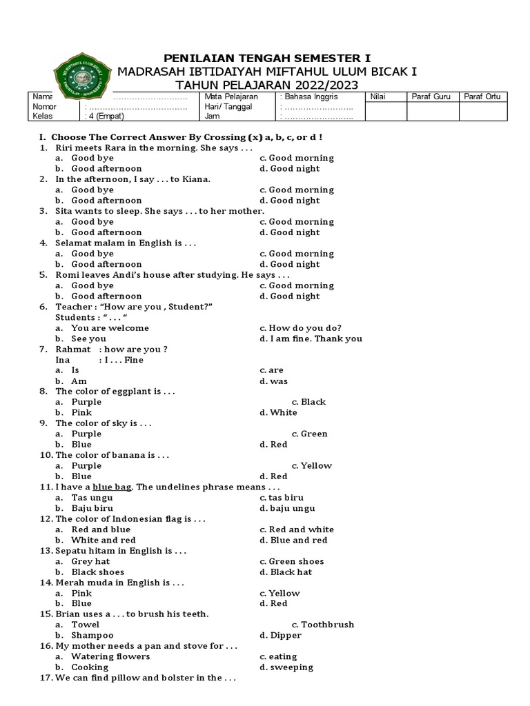 PTS Gasal Bahasa Inggris Kelas 4 | PDF | Color | Visual Perception
