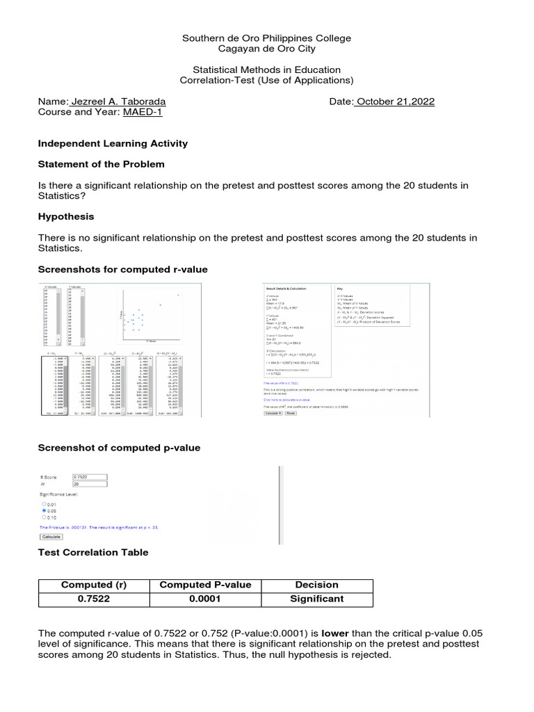Correlation (R) Activity - JezreelTaborada | PDF