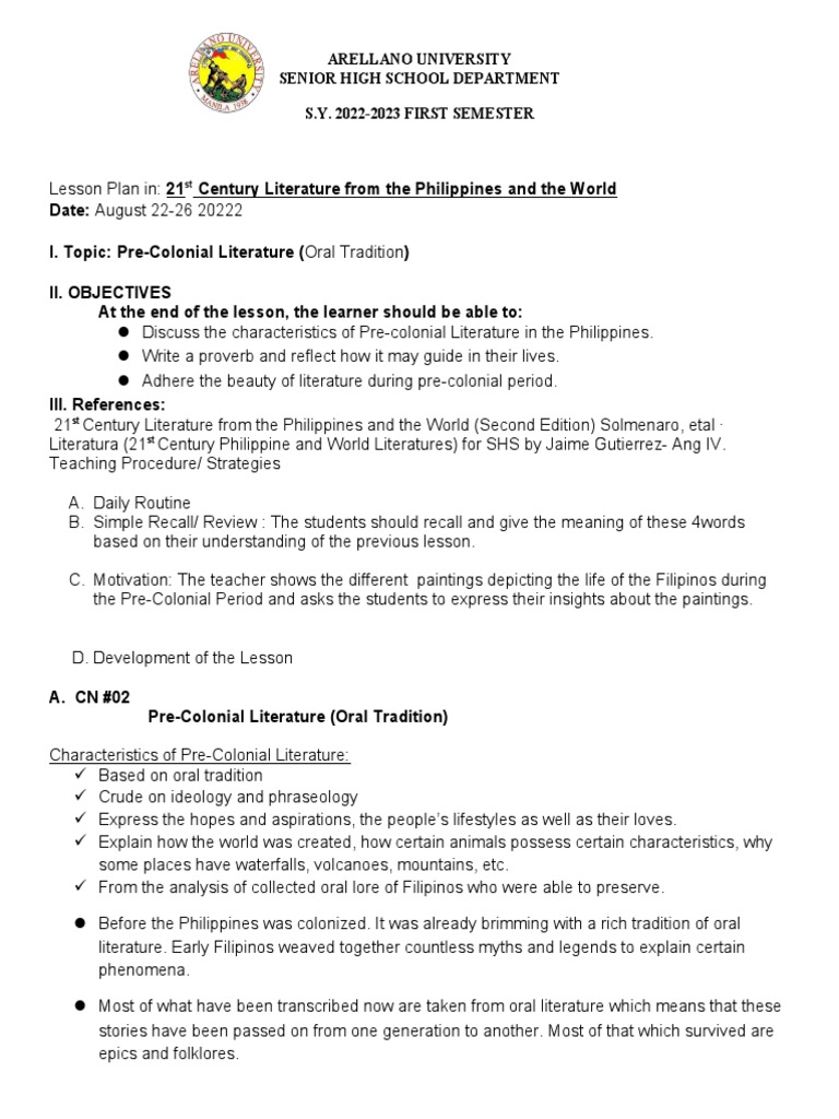 Pre-Colonial Literature Lesson Plan | PDF | Narrative | Epic Poetry