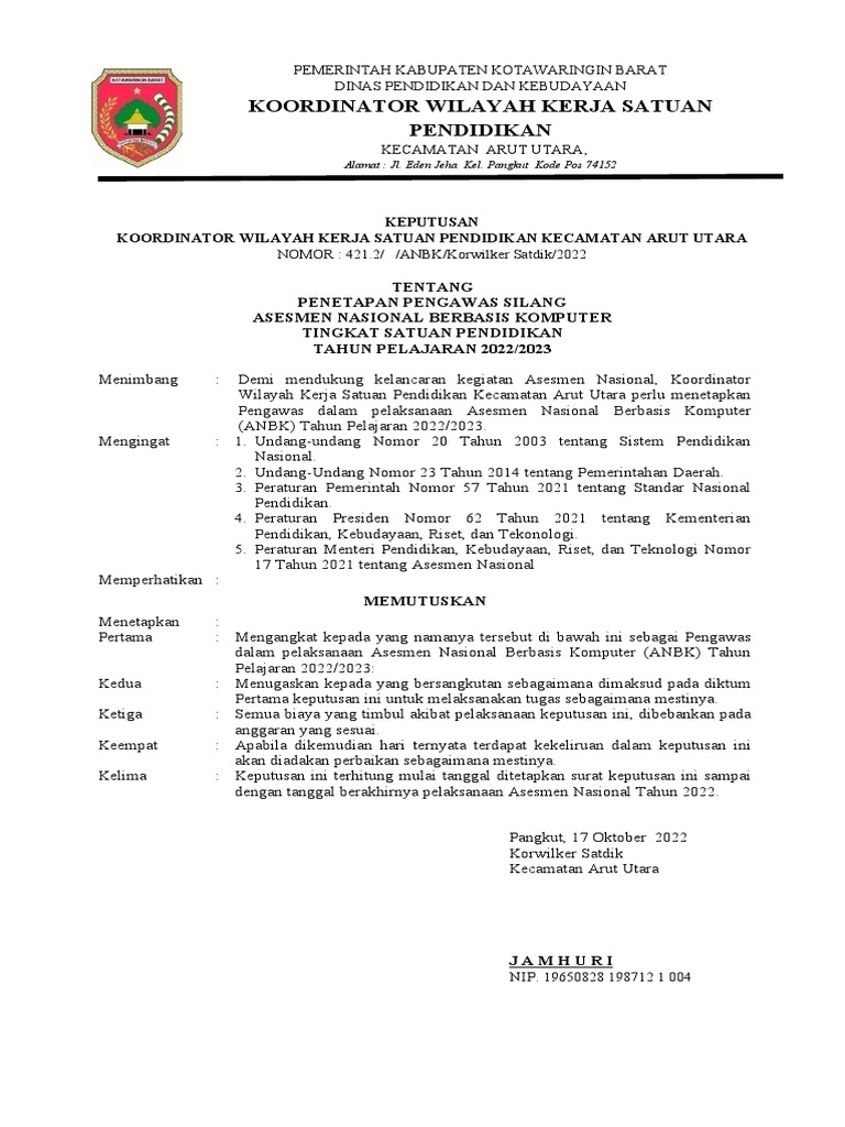 SK Pengawas ANBK Tahun 2021 Tingkat Satuan Pendidikan (GuruZamanNow - Id) | PDF