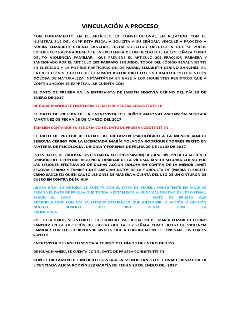 3° Formato de Vinculación A Proceso | PDF | Derecho penal | Violencia doméstica