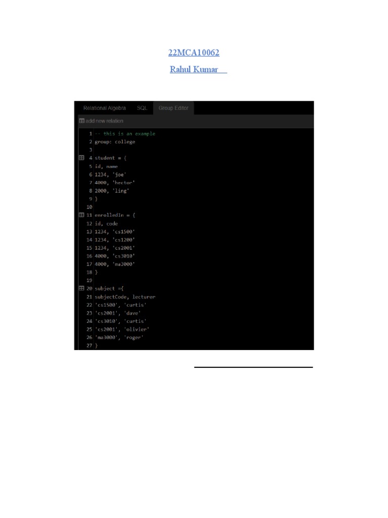 Queries to Create Tables, Insert Data, and Perform Relational Algebra Operations on the Tables ...