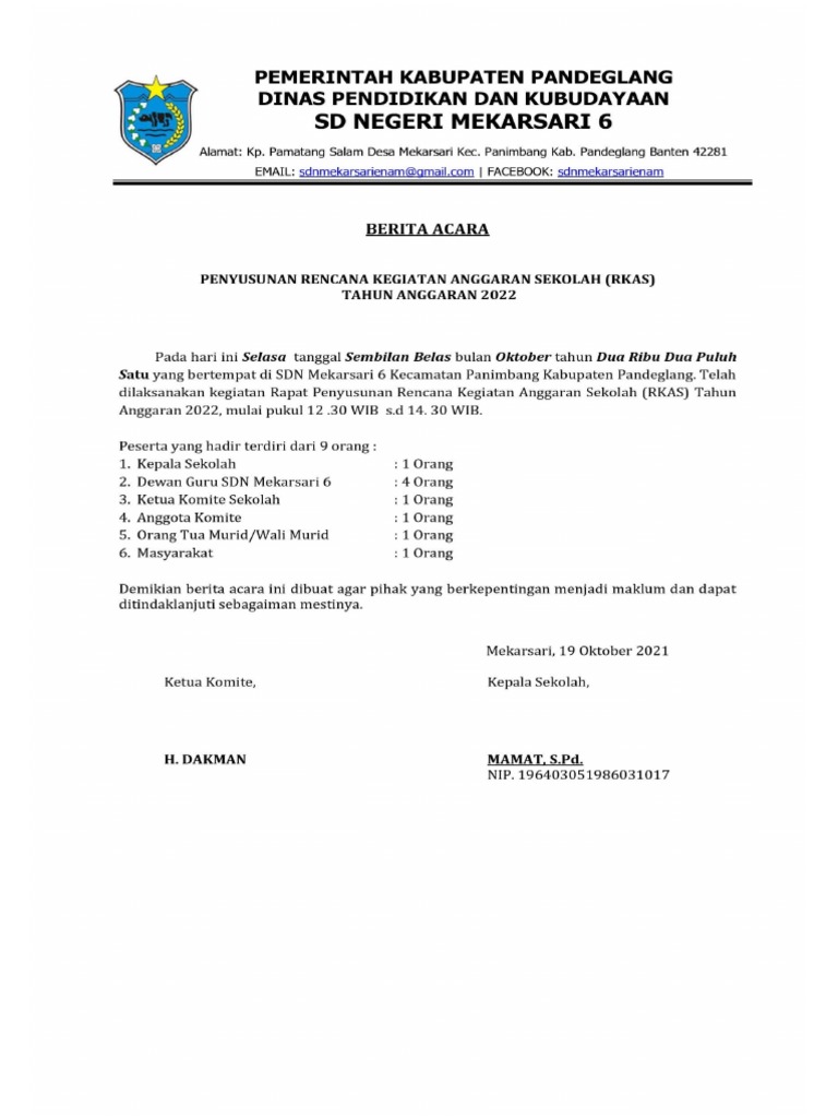 Contoh Berita Acara Penyusunan RKAS | PDF