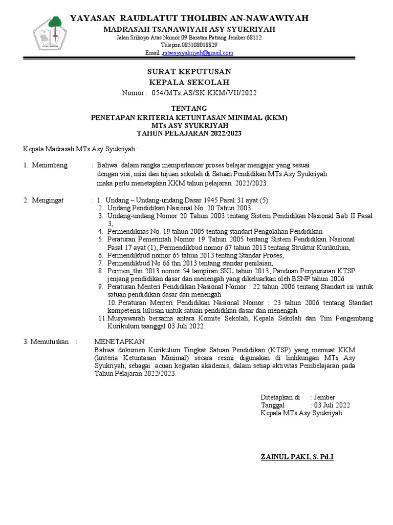 003.1.SK - Penetapan KKM - 2022 | PDF