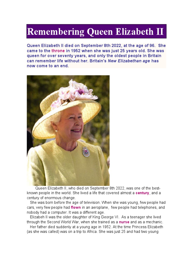 Reading and Comprehension - Queen Elizabeth II | PDF | Elizabeth Ii ...