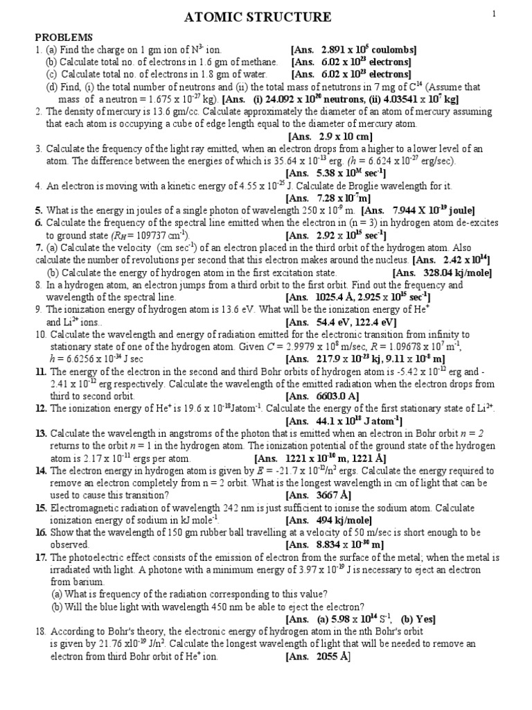Atomic Structure Numericals | PDF | Photoelectric Effect | Electron