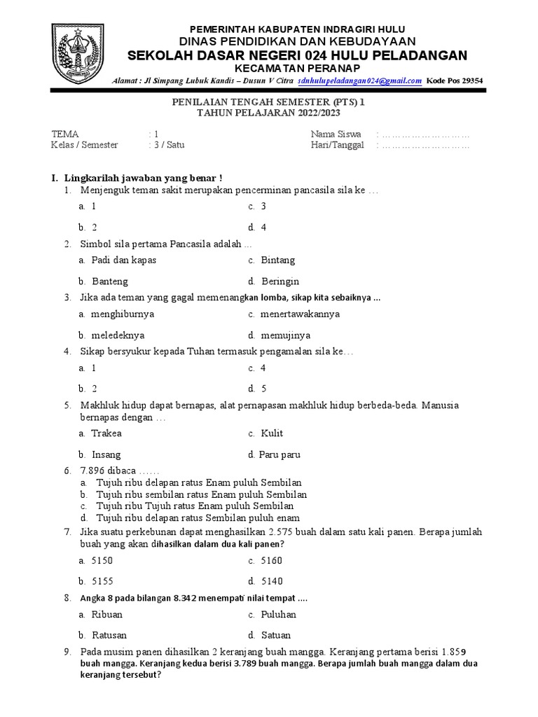Soal PTS Kelas 3 Tema 1 | PDF