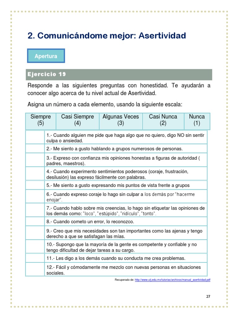 Evaluacion y Ejercicios de Asertividad | PDF