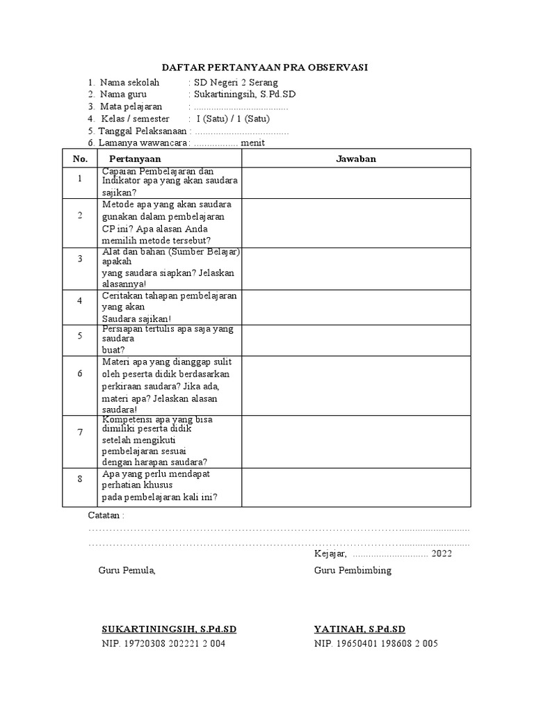 Daftar Pertanyaan Pra - Pasca Observasi Pigp | PDF