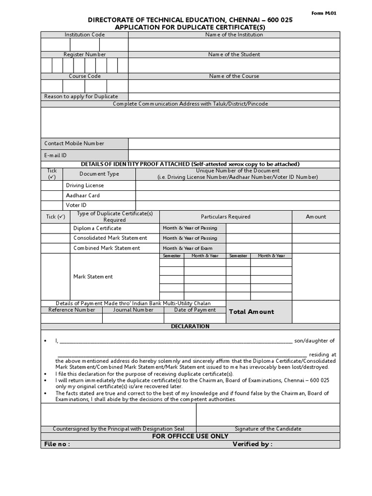 M01 Application For Duplicate Certificate | PDF | Driver's License ...