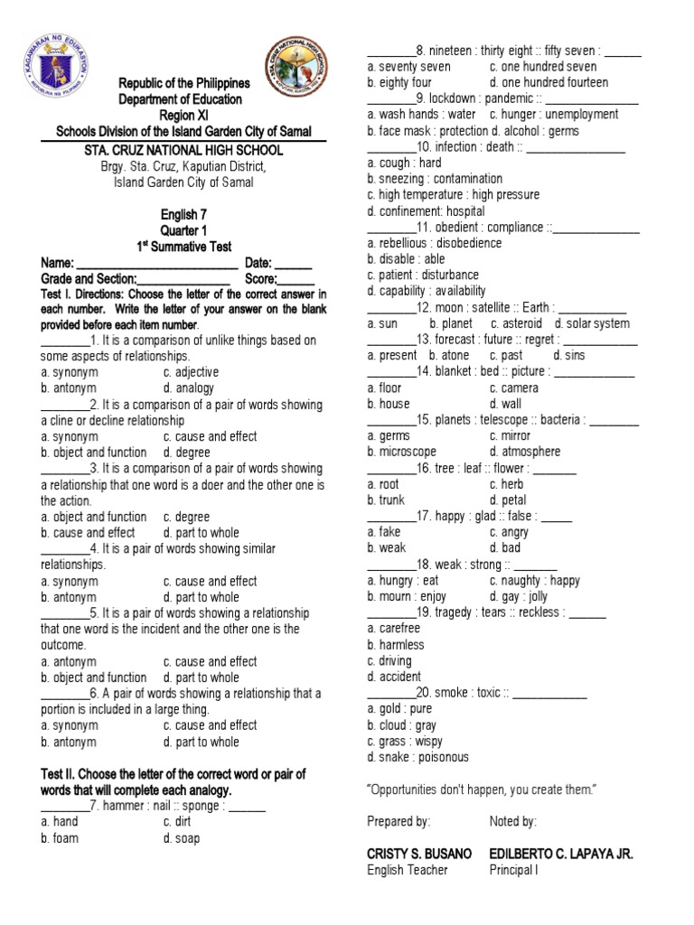 English 7 Quarter 1 Summative Test | PDF | Astronomy