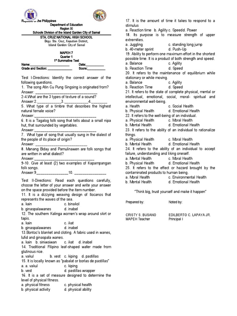 MAPEH 7-Summative Test No. 1 | PDF | Mental Health | Mental Chronometry