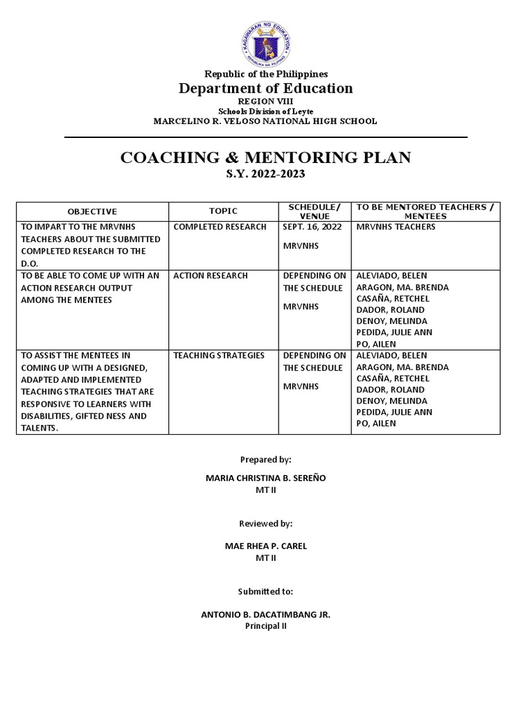 MRVNHS Mentoring Plan 2022 | PDF | Mentorship | Cognition