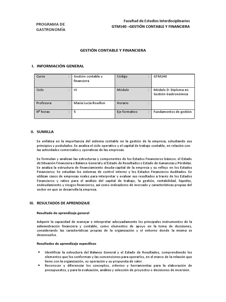 Sílabo Gestión Contable y Financiera - 2022-1 | PDF | Contabilidad | Estado de resultados