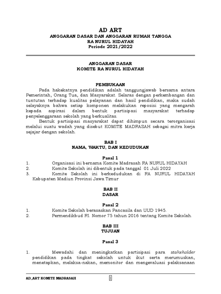 AD ART Komite Madrasah RA Nurul Hidayah | PDF | Karier & Perkembangan ...