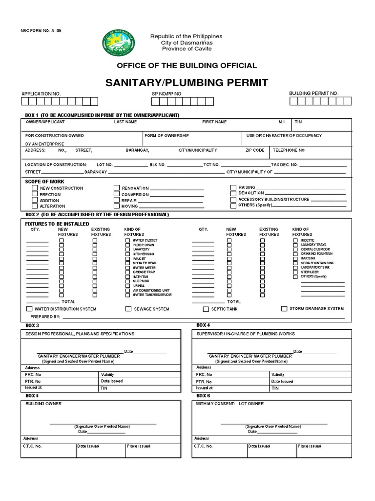 NBC Form A-06 Sanitary/Plumbing Permit | PDF | Plumbing | Sink