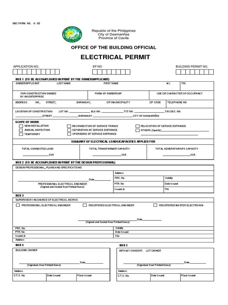 Electrical Permit Application Form | PDF | Electricity | Electrical ...