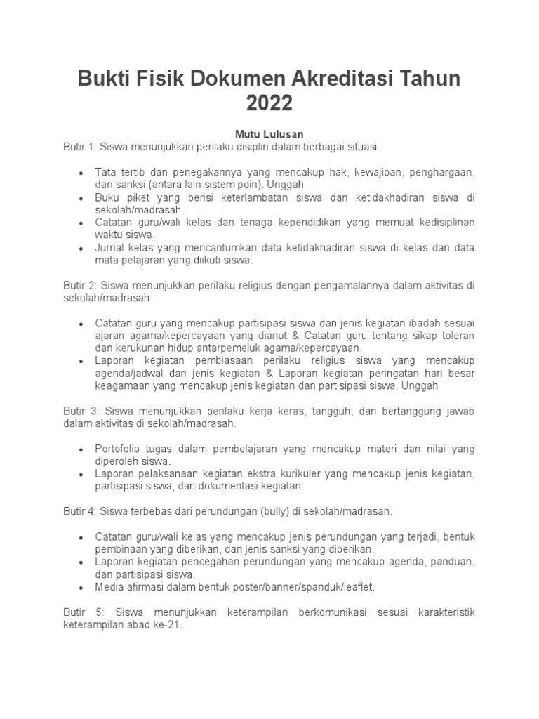 Butir-Butir Akreditasi Tahun 2022 | PDF