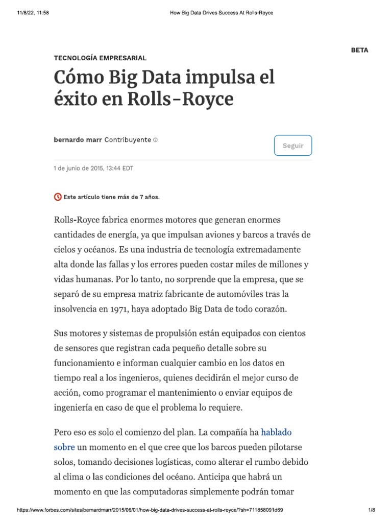 Forbes - Cómo El Big Data Impulsa El Éxito en Rolls-Royce, Jun2015 | PDF Forbes - Cómo El Big Data Impulsa El Éxito en Rolls-Royce, Jun2015 | PDF