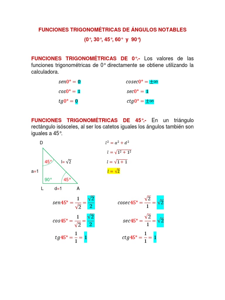 Funciones Trigonométricas de Ángulos Notables | PDF | Triángulo ...