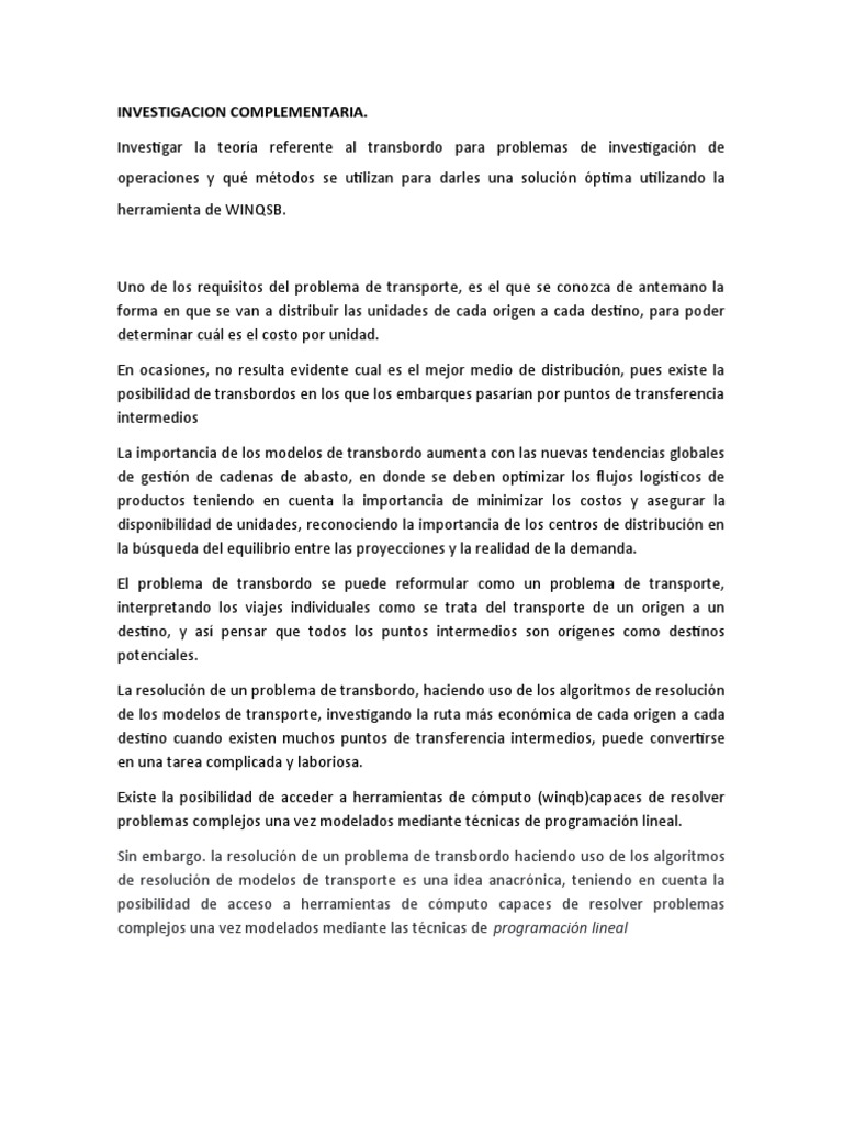 Investigacion Complementaria Guia 4 Omi | PDF | Transporte | Programación lineal