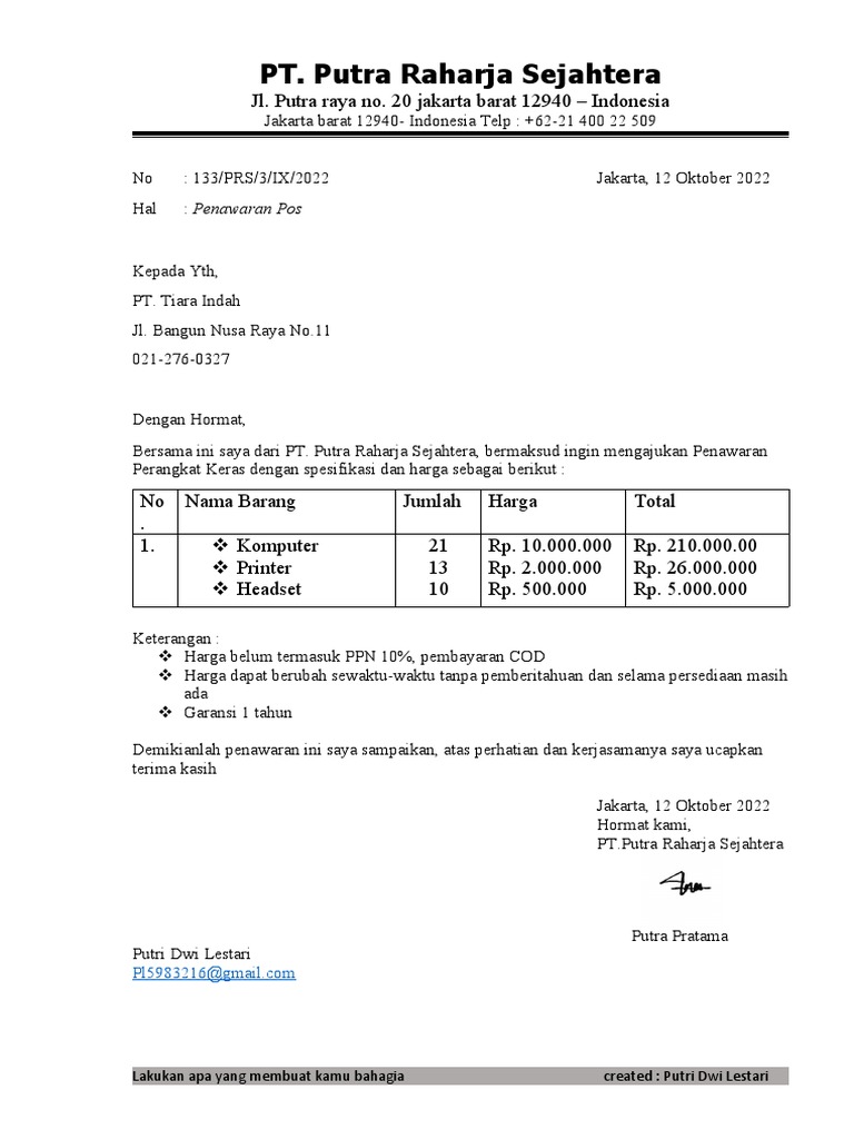 Surat Penawaran Putri Dwi Lestari X Ak2 | PDF