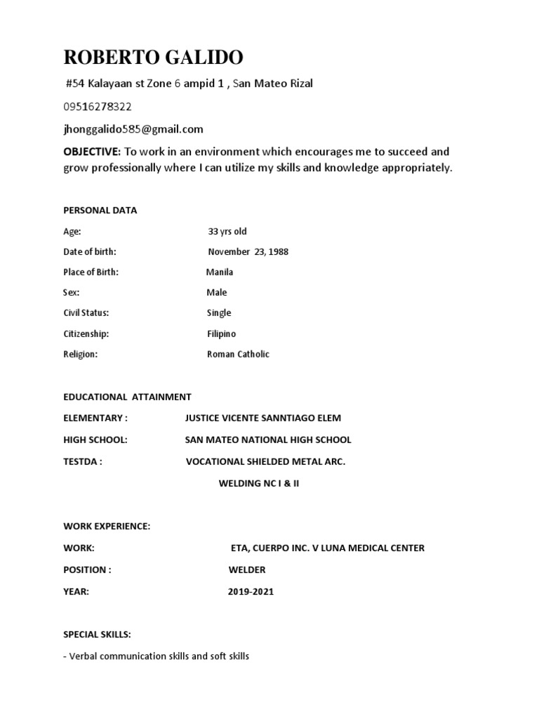Welder Resume: Roberto Galido | PDF