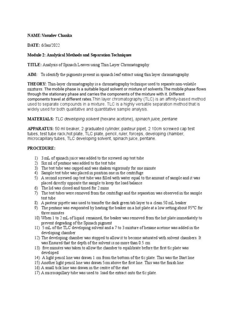 Vasudev Chanka - M2 L5 - TLC of Spinach Leaves | PDF | Thin Layer Chromatography | Chromatography