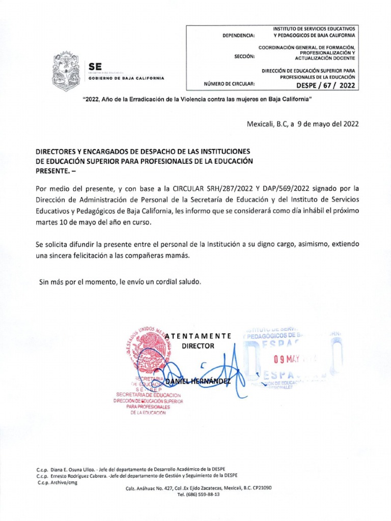 Circular 67 Día Inhábil 10 de Mayo | PDF