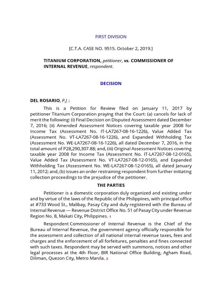 Titanium Corp Vs CIR-Decision (CTA Case 9515) | PDF | Taxes | Tax Exemption