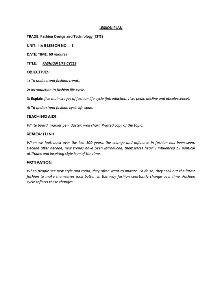 Lesson Plan - Fashion Life Cycle FDT | PDF | Fashion | Economies