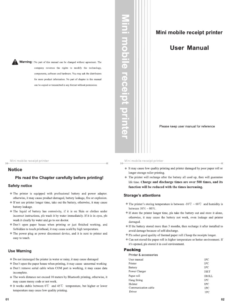 Mini Mobile Receipt Printer User Manual | PDF