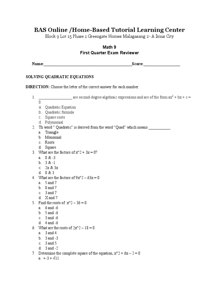 Quadratic Equations Review for Grade 11 | PDF | Quadratic Equation ...