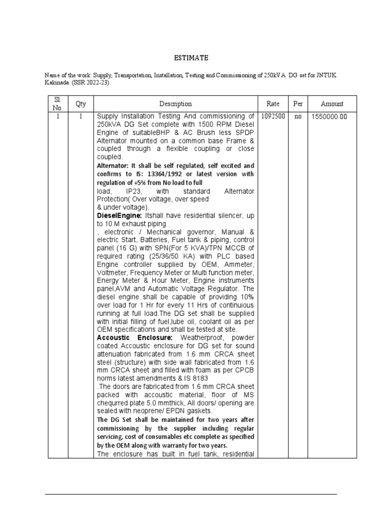 250 KVA DG Set Estimate | PDF | Engines | Voltage