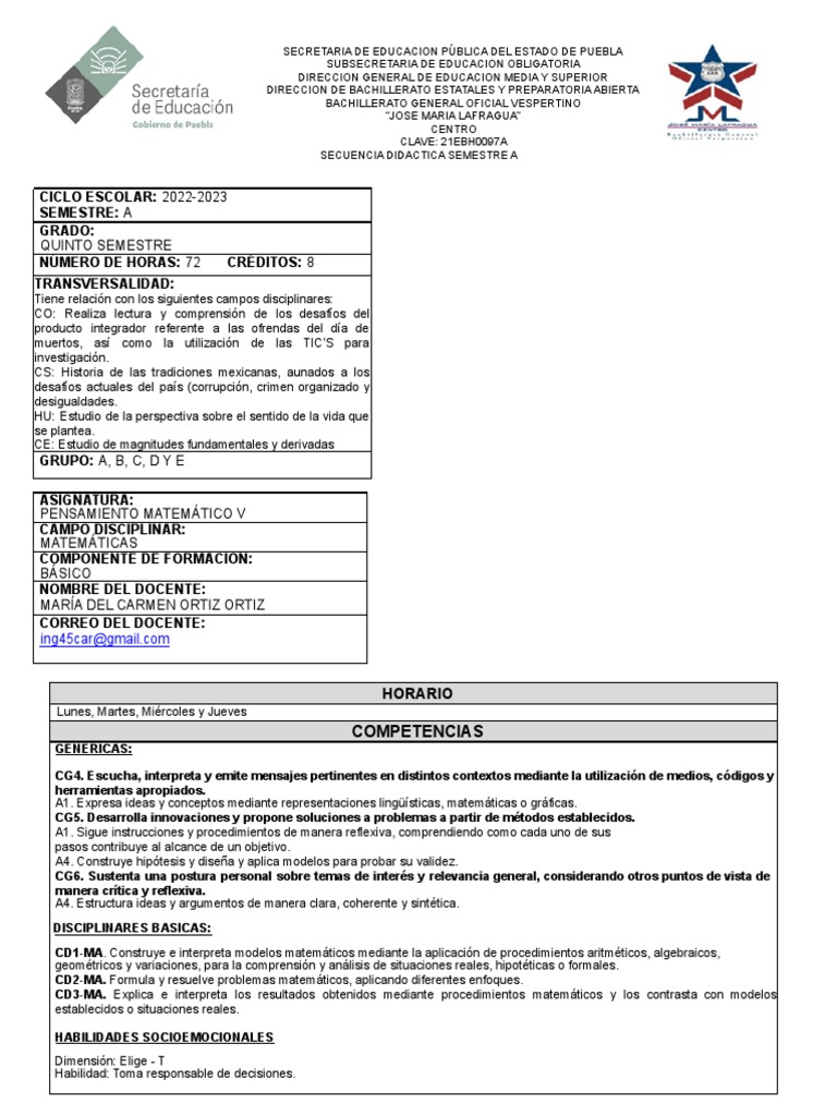 Sec - Hab - Mate V - Carmen - Ortiz - 5 - Sem - A | Descargar gratis PDF | Derivado | Evaluación