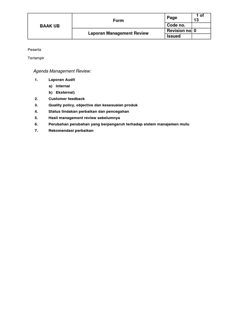 Agenda Management Review:: Form 1 of 13 Code No. Laporan Management Review Revision No. 0 Issued ...