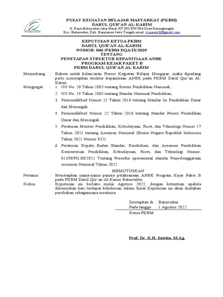 Contoh SK Panitia ANBK | PDF