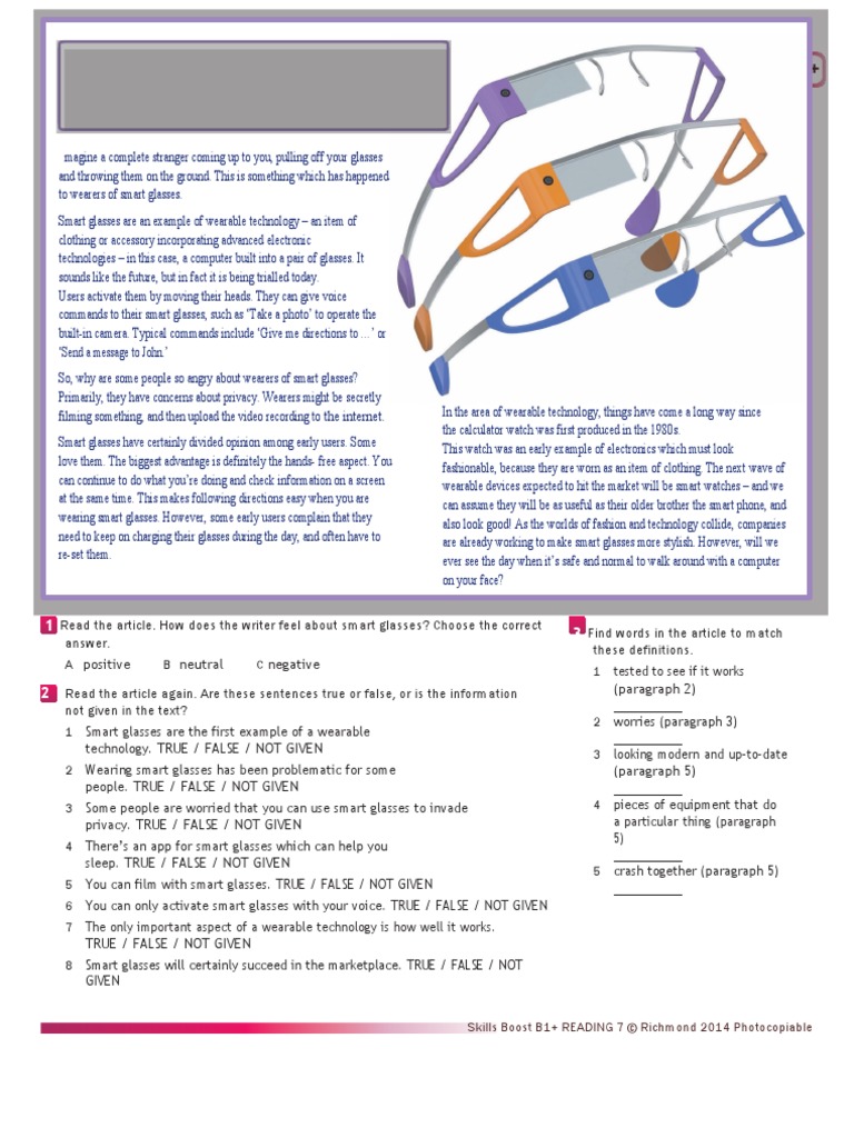 Smart Glasses Worksheet | PDF | Wearable Technology | Glasses