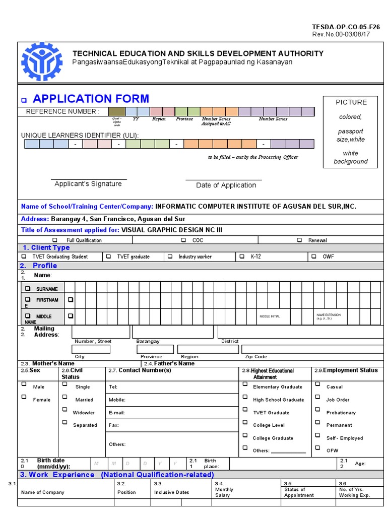 TESDA Application Form for VGD NC III | PDF