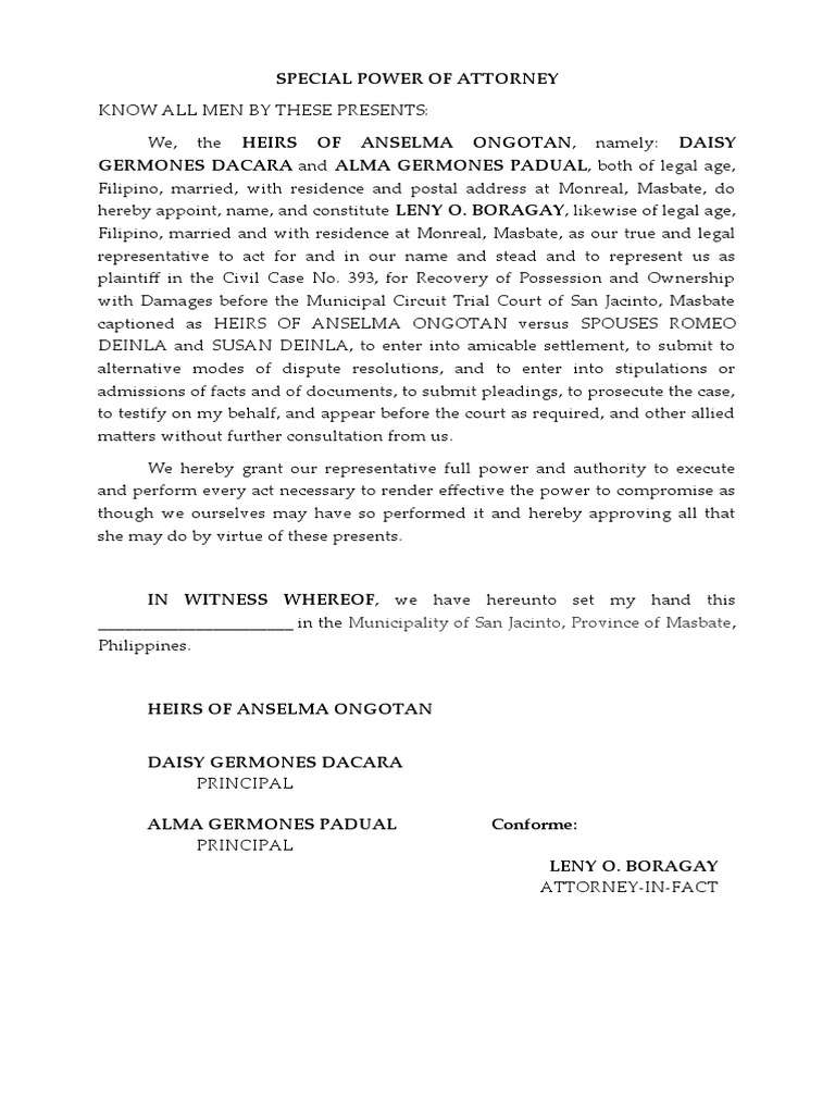 Special Power of Attorney To File Action | PDF | Power Of Attorney ...