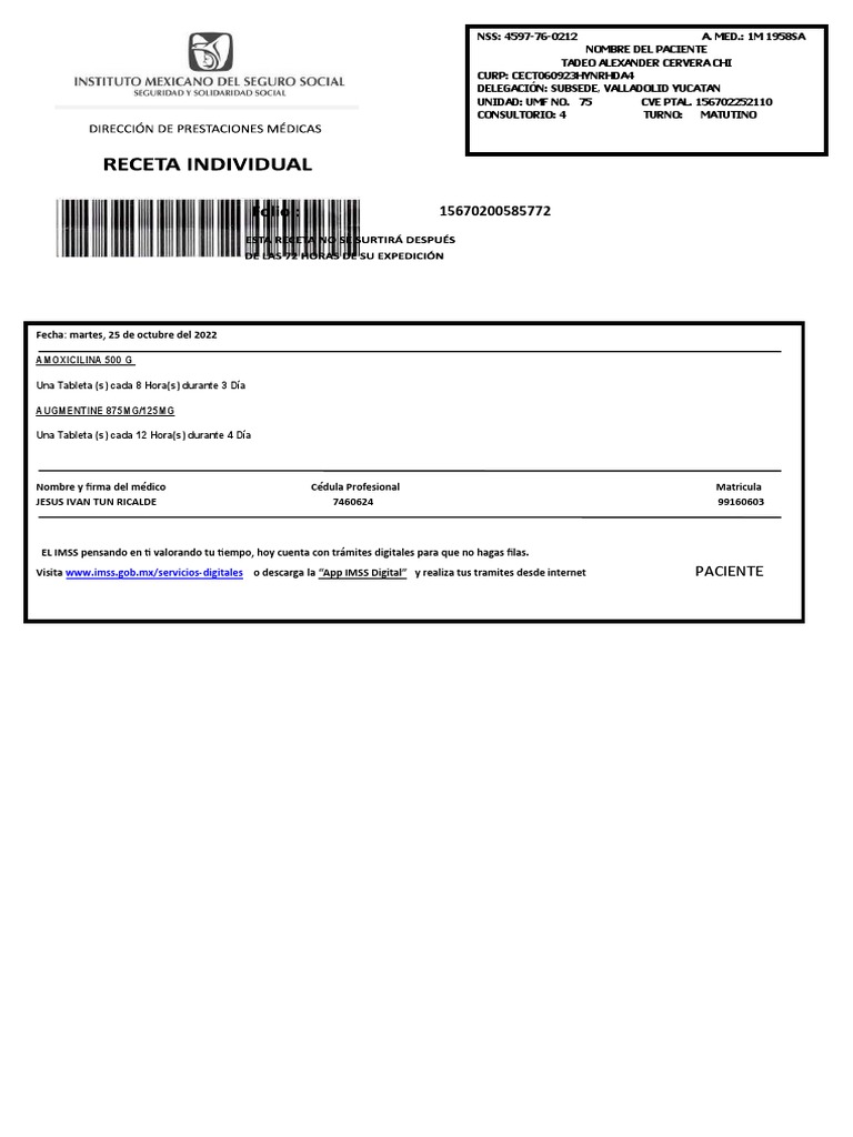 Receta IMSS Editable para Amoxicilina | PDF