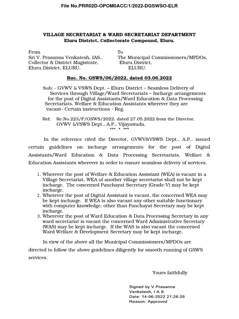 Incharge Arrangements For The Post DA, WEA & Daata Processing Officer ...