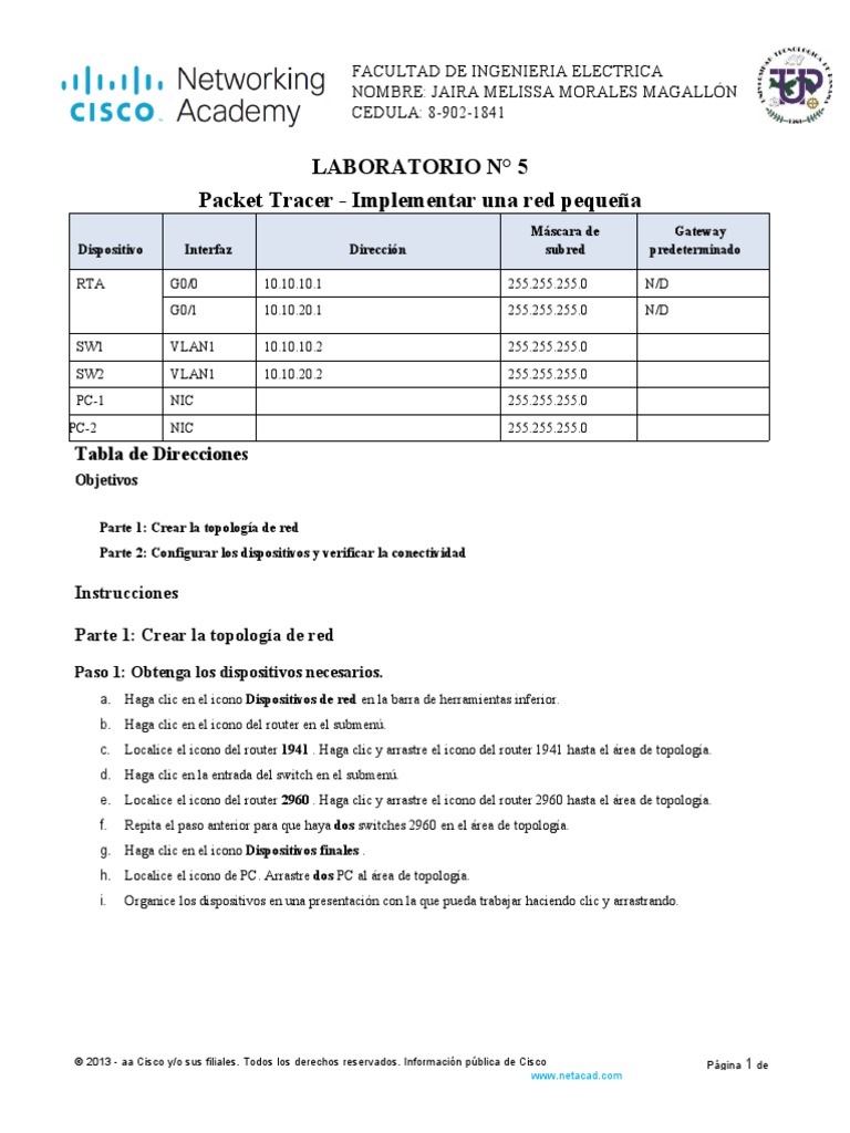 JairaMorales LAB1.6.1 Packet Tracer | PDF | Dirección IP | Enrutador (Computación)
