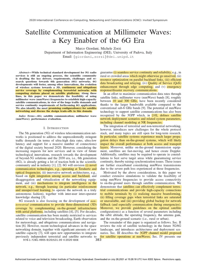 Satellite Communication at Millimeter Waves A Key Enabler of The 6G Era | PDF | Extremely High ...